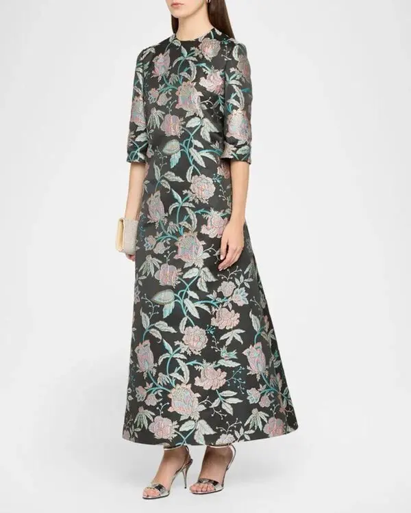 REEM ACRA Metallic Floral Brocade 3/4-sleeve Kaftan Gown - Black Mult