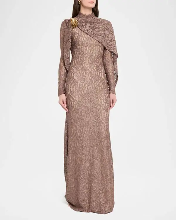 REEM ACRA Long-sleeve Shimmering Lace Draped Gown With Brooch