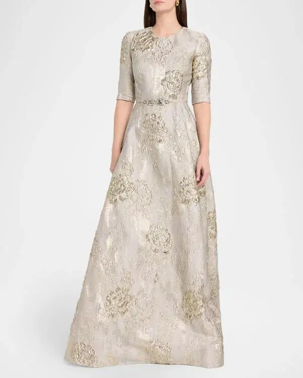 REEM ACRA Metallic Floral Brocade Elbow-sleeve A-line Gown