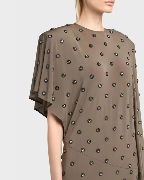 Stella McCartney Crystal Studded Draped Jersey Midi Dress - Mud