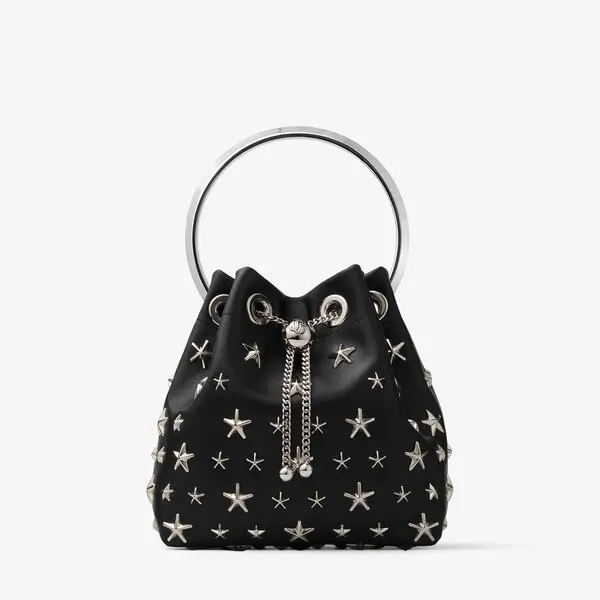 JIMMY CHOO Bon Bon Black Smooth Calf Leather Bucket Bag With Dégradé Metal Stars - Black/silver/silver