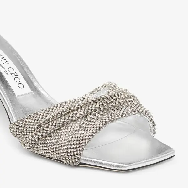 JIMMY CHOO Skye 70 Silver Metallic Nappa Leather Mule Sandals With Crystal Mesh