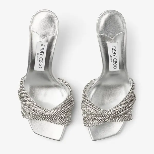 JIMMY CHOO Skye 70 Silver Metallic Nappa Leather Mule Sandals With Crystal Mesh