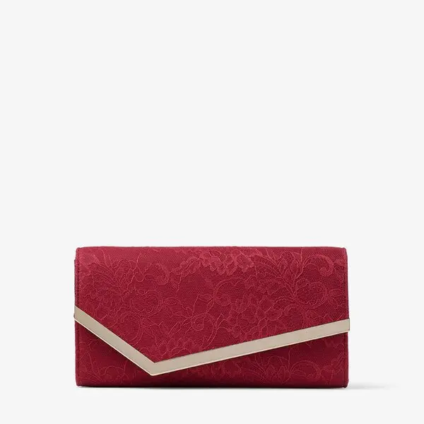JIMMY CHOO Emmie Ruby Red Lace Clutch Bag - Ruby Red/light Gold