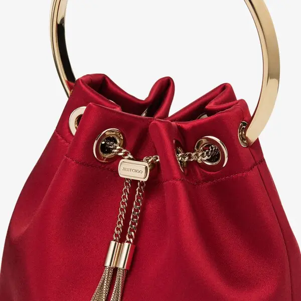 JIMMY CHOO Bon Bon Ruby Red Satin Bucket Bag