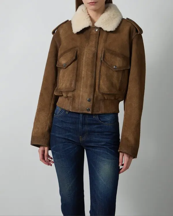 Acne Studios Jacket Suede Bomber Shearling Collar - Camel