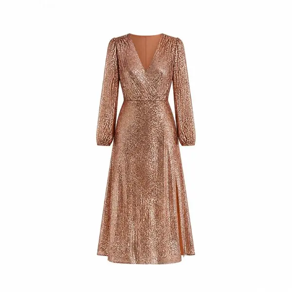 YUMI Copper Sequin Long Sleeve Midi Dress