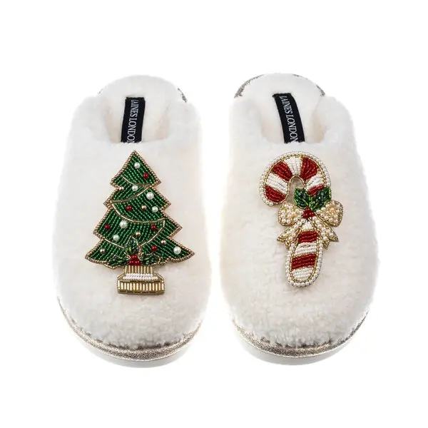 LAINES LONDON Neutrals/ Teddy Closed Toe Slippers With Christmas Tree & Candy Cane Brooches Cream