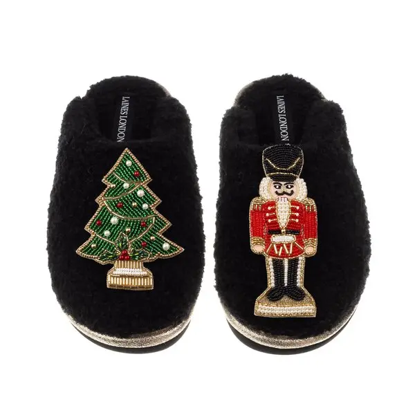 LAINES LONDON Teddy Closed Toe Slippers With Christmas Tree & Nutcracker Brooches