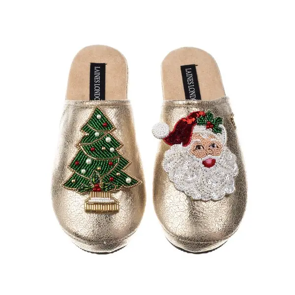 LAINES LONDON Softie Slippers With Christmas Tree & Santa Clause Brooches - Gold