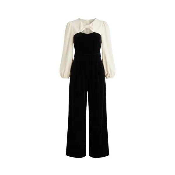 YUMI Tuxedo Style Velvet Jumpsuit - Black