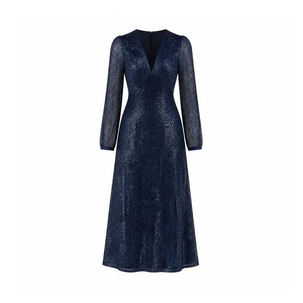 YUMI Navy Sequin Long Sleeve Midi Dress