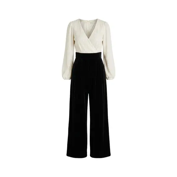 YUMI Ivory Embellished Pearl Sequin Velvet Jumpsuit - White