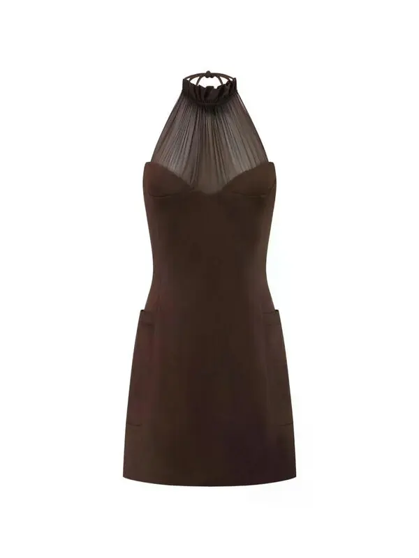 OUDE WAAG Halterneck Mesh-panel Mini Dress - Brown