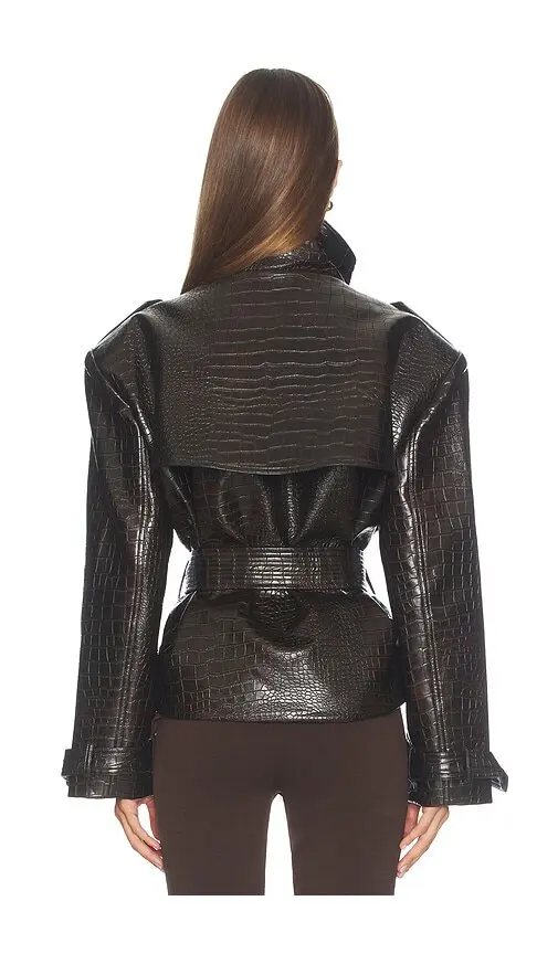 BRONX BANCO Faux Leather Croc Embossed Belted Jacket In Brown