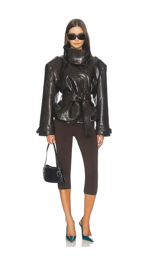 BRONX BANCO Faux Leather Croc Embossed Belted Jacket In Brown