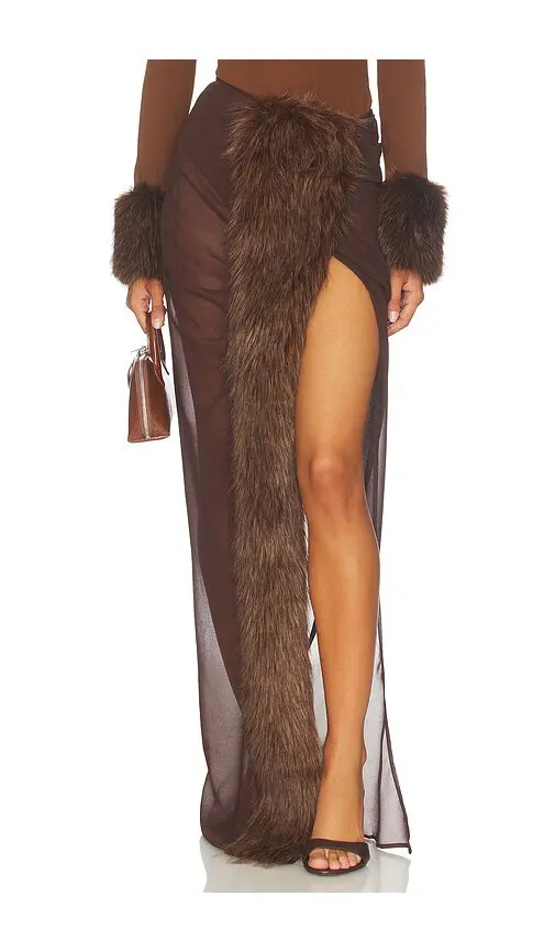 BRONX BANCO Mesh & Faux Fur Maxi Skirt - Brown