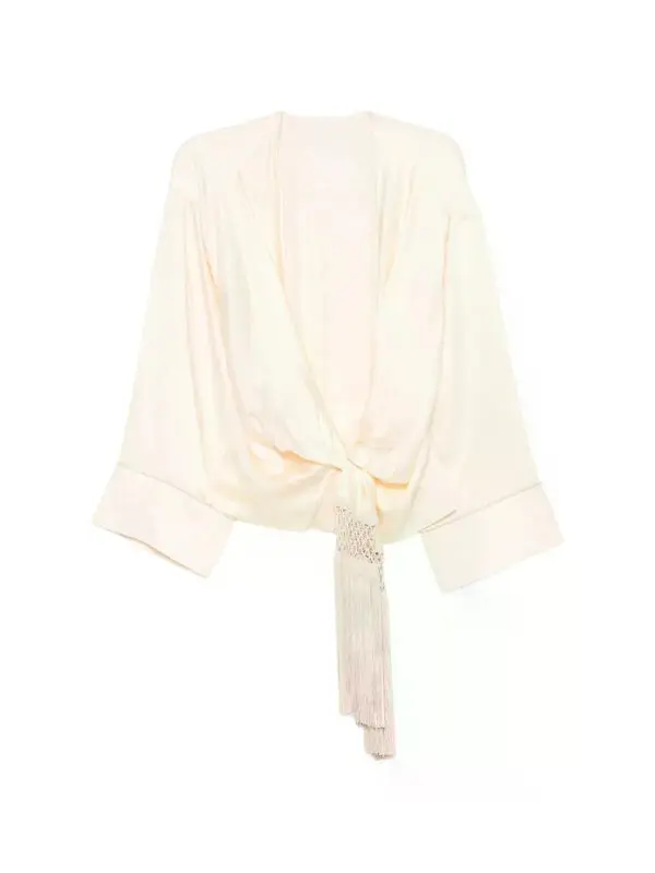 Andamane Fringe-trim Tie-front Blouse - Neutrals