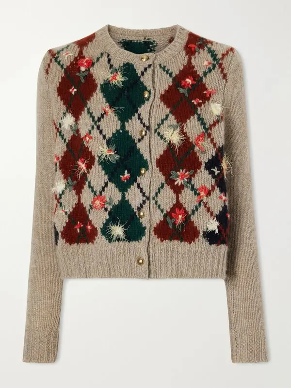 Khaite Marcela Checked Embroidered Wool And Mohair-blend Cardigan - Neutrals