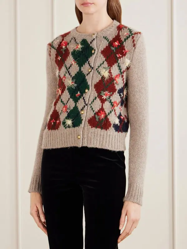 Khaite Marcela Checked Embroidered Wool And Mohair-blend Cardigan