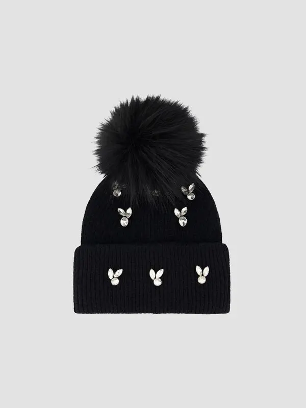 LYLA GRANT Knit Beanie Hat With Fox Pompom