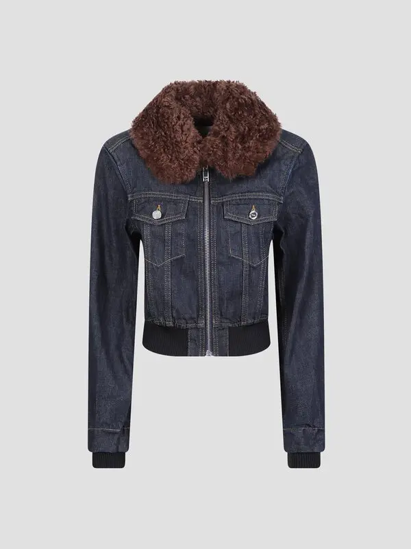 GANNI Slub Denim Cropped Bomber Jacket