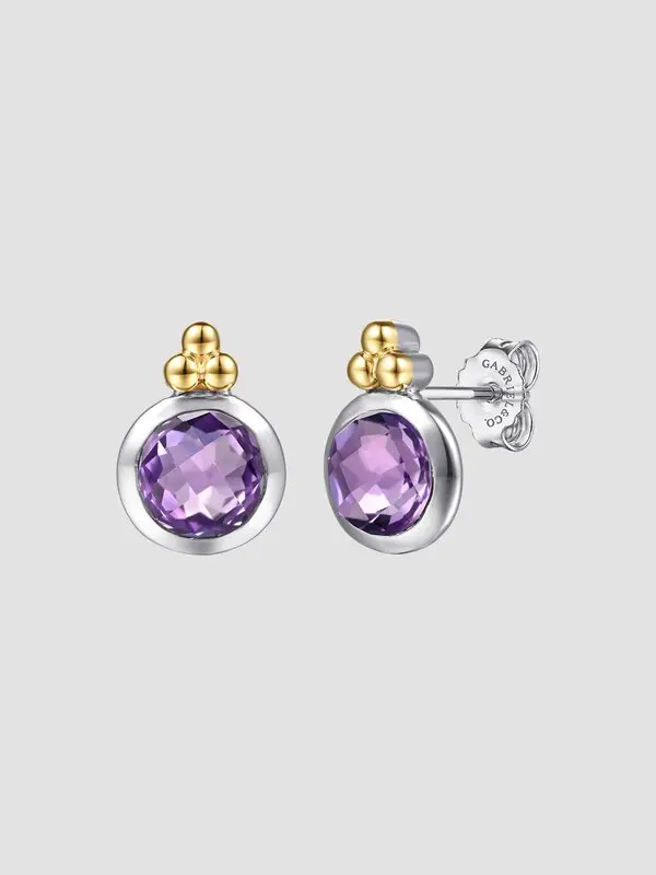 GABRIEL & CO Bujukan Sterling Silver, 14k Yellow Gold & Amethyst Stud Earrings
