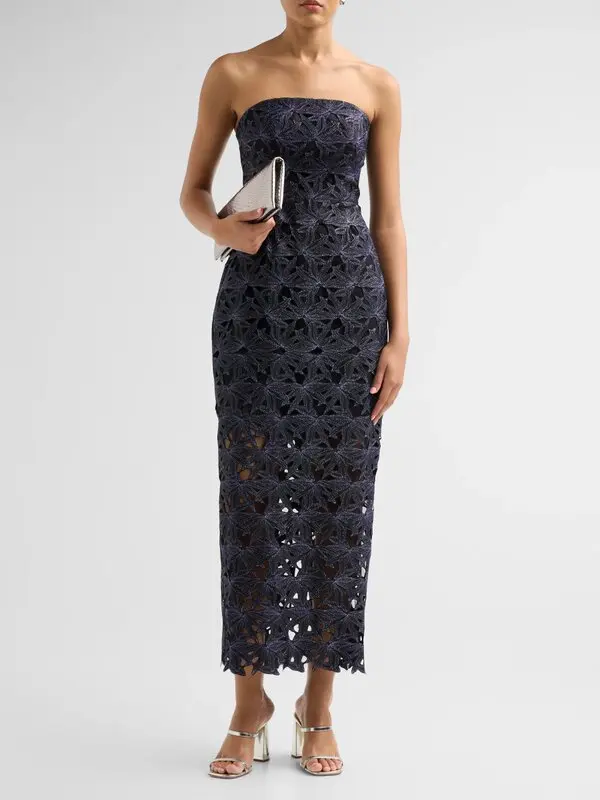 MILLY Orion Floral Lace Strapless Midi Dress