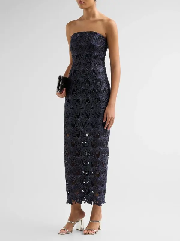 MILLY Orion Floral Lace Strapless Midi Dress