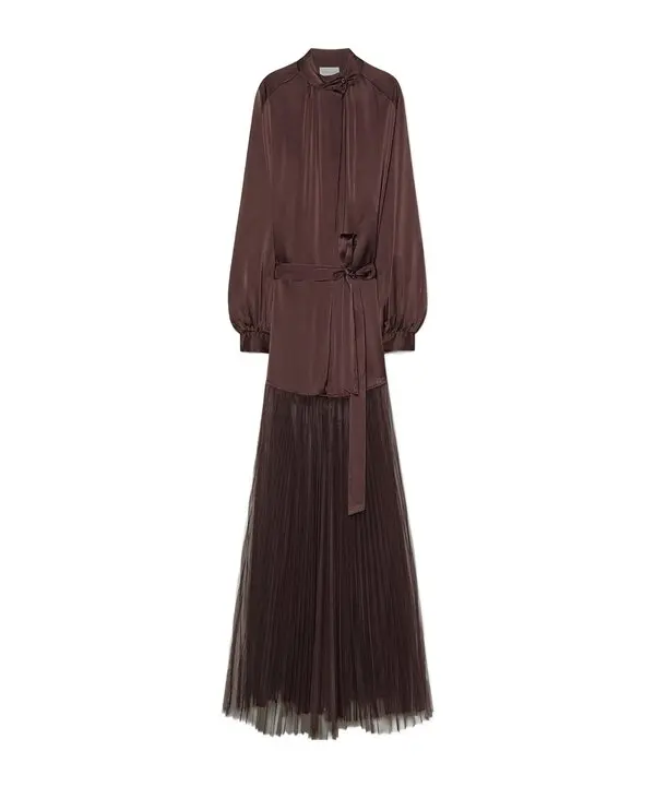 FORTE_FORTE Silk Satin Dress With A Plissé-pleated Tulle Skirt Diamond - Chestnut