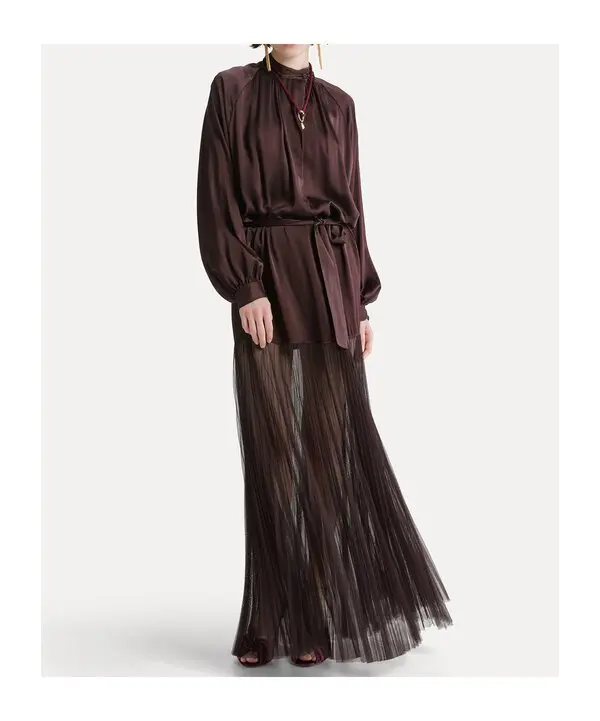 FORTE_FORTE Silk Satin Dress With A Plissé-pleated Tulle Skirt Diamond - Chestnut