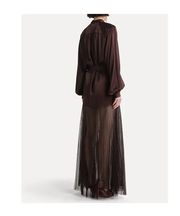 FORTE_FORTE Silk Satin Dress With A Plissé-pleated Tulle Skirt Diamond - Chestnut