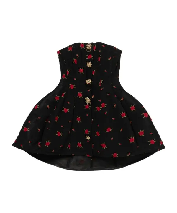 Blumarine Short Dress With Rose Embroidery And Bejewelled Buttons - Black/red
