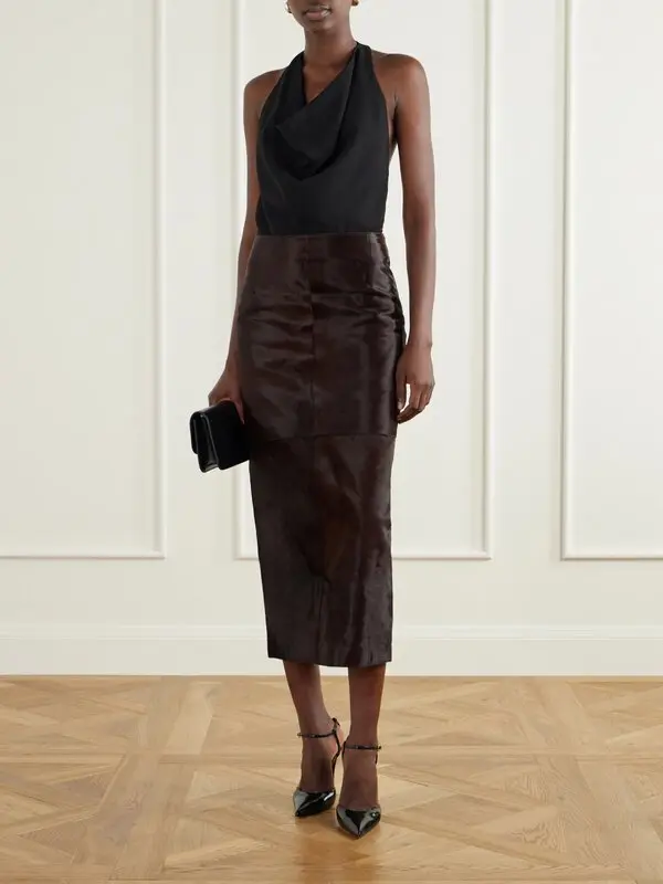 Nour Hammour Paneled Calf Hair Midi Skirt