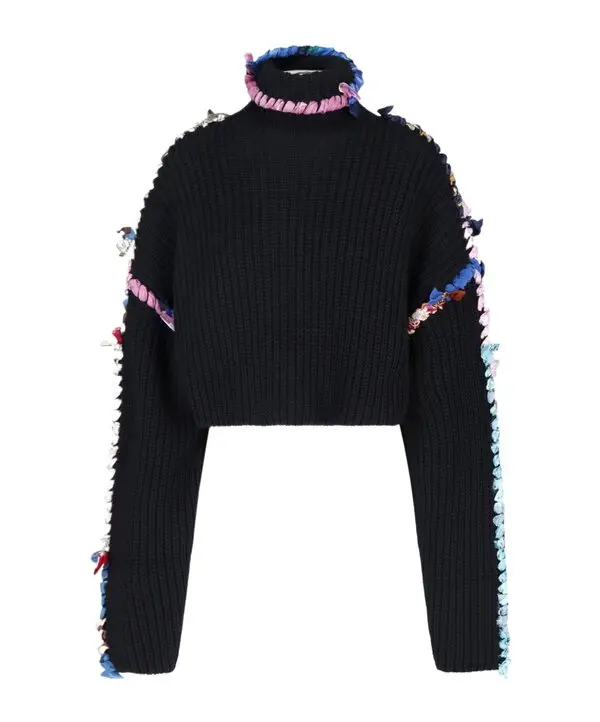 MARINE SERRE Satin Scarves Cropped High Neck Sweater - Black