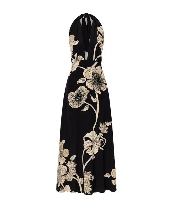 Johanna Ortiz Floral-print Silk-charmeuse Halterneck Maxi Dress - Black