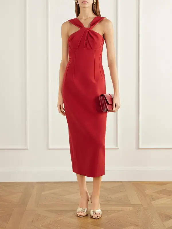 EMILIA WICKSTEAD Open-back Twisted Darted Birdseye Halterneck Midi Dress