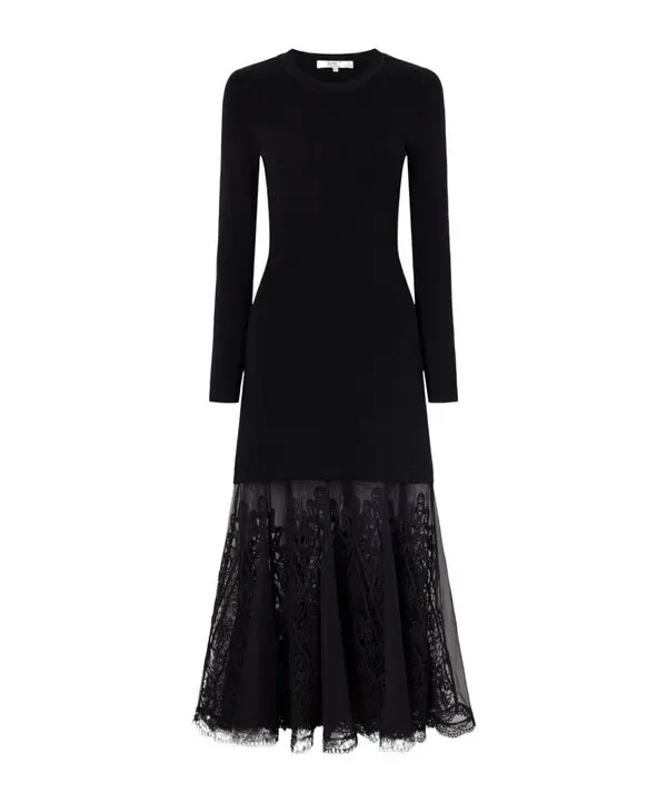 Sea Embroidered Tulle-trimmed Wool Midi Dress