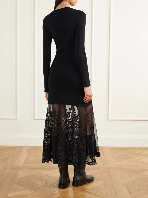Sea Embroidered Tulle-trimmed Wool Midi Dress
