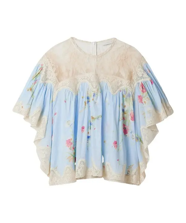 Zimmermann Lace-trimmed Floral-print Cotton-voile Blouse - Blue