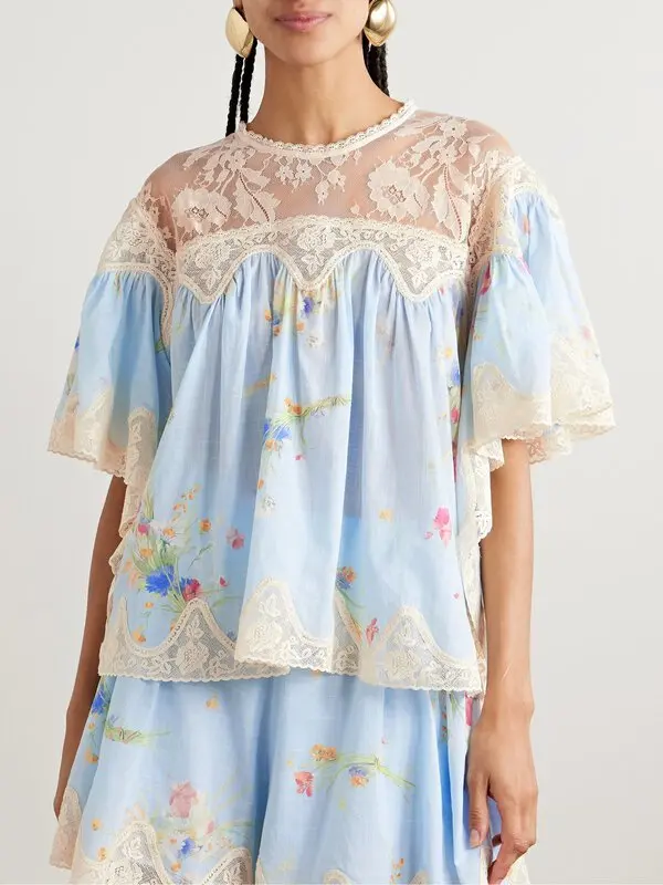 Zimmermann Lace-trimmed Floral-print Cotton-voile Blouse