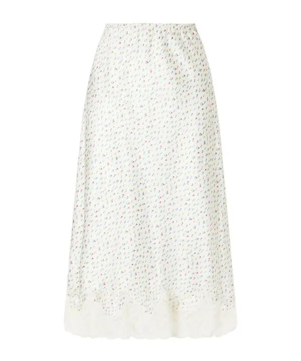 Rabanne Floral-print Lace-trimmed Silk-satin Midi Skirt - White