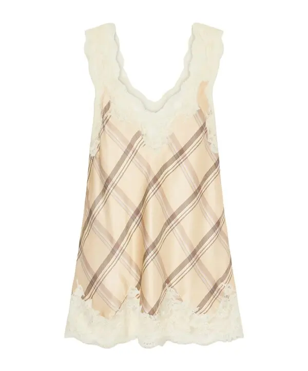 Rabanne Beige Tartan Print Silk Tank Top With Lace Detailing - Nude