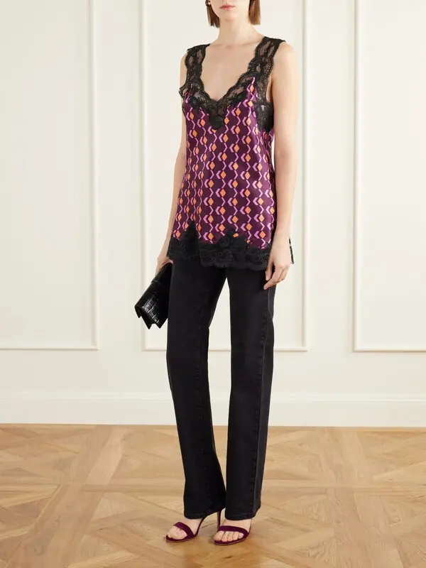 Rabanne Printed Lace-trimmed Silk-satin Cami