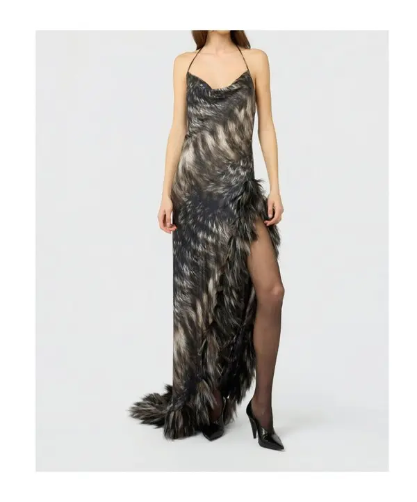 Roberto Cavalli Maxi Fur-print Halterneck Dress