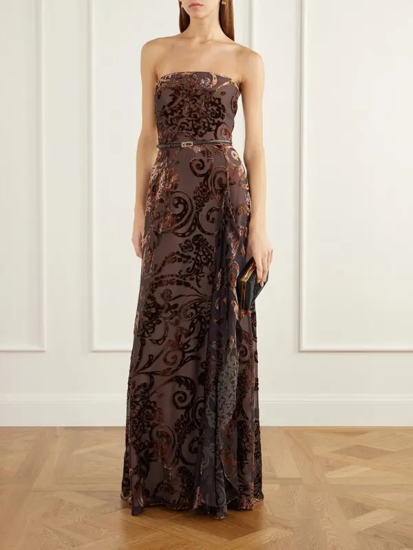 Elie Saab Strapless Belted Devoré Silk-blend Velvet Gown