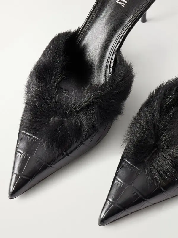 Paris Texas Plush-trimmed Croc-effect Leather Pumps
