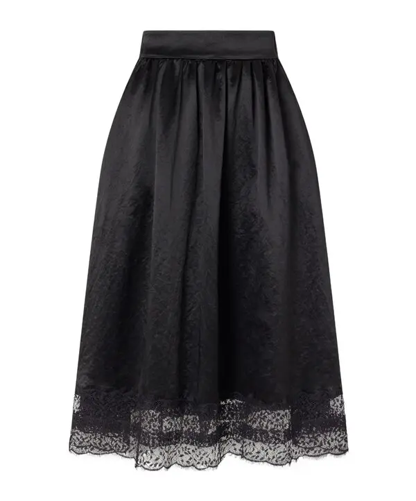 Maria Mcmanus Lace-trimmed Crinkled Satin Midi Skirt - Black