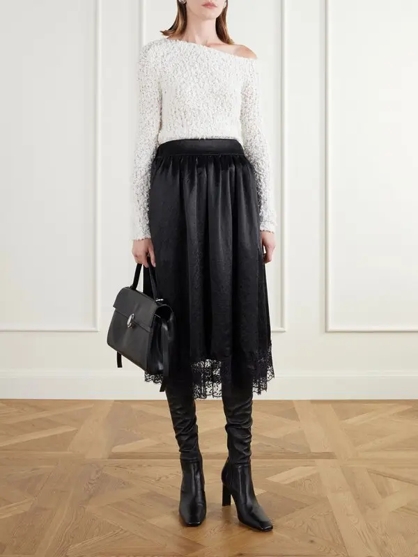 Maria Mcmanus Lace-trimmed Crinkled Satin Midi Skirt