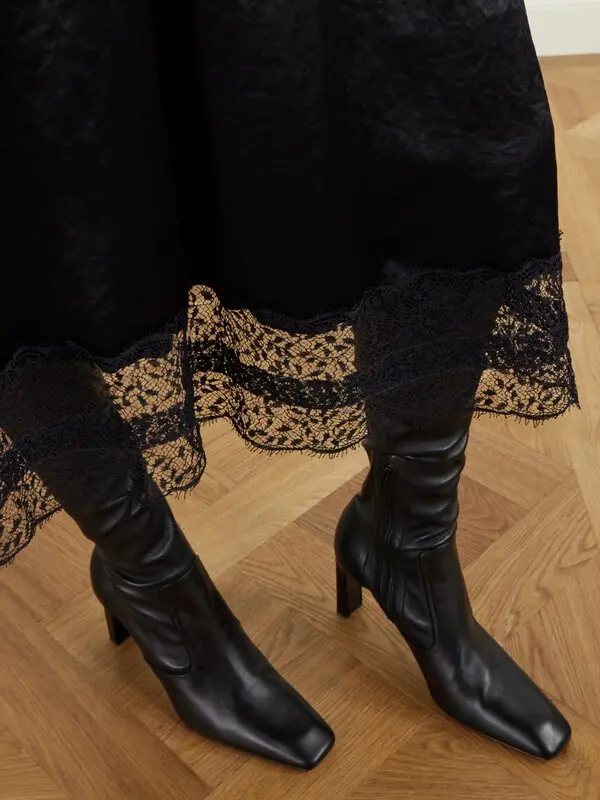 Maria Mcmanus Lace-trimmed Crinkled Satin Midi Skirt